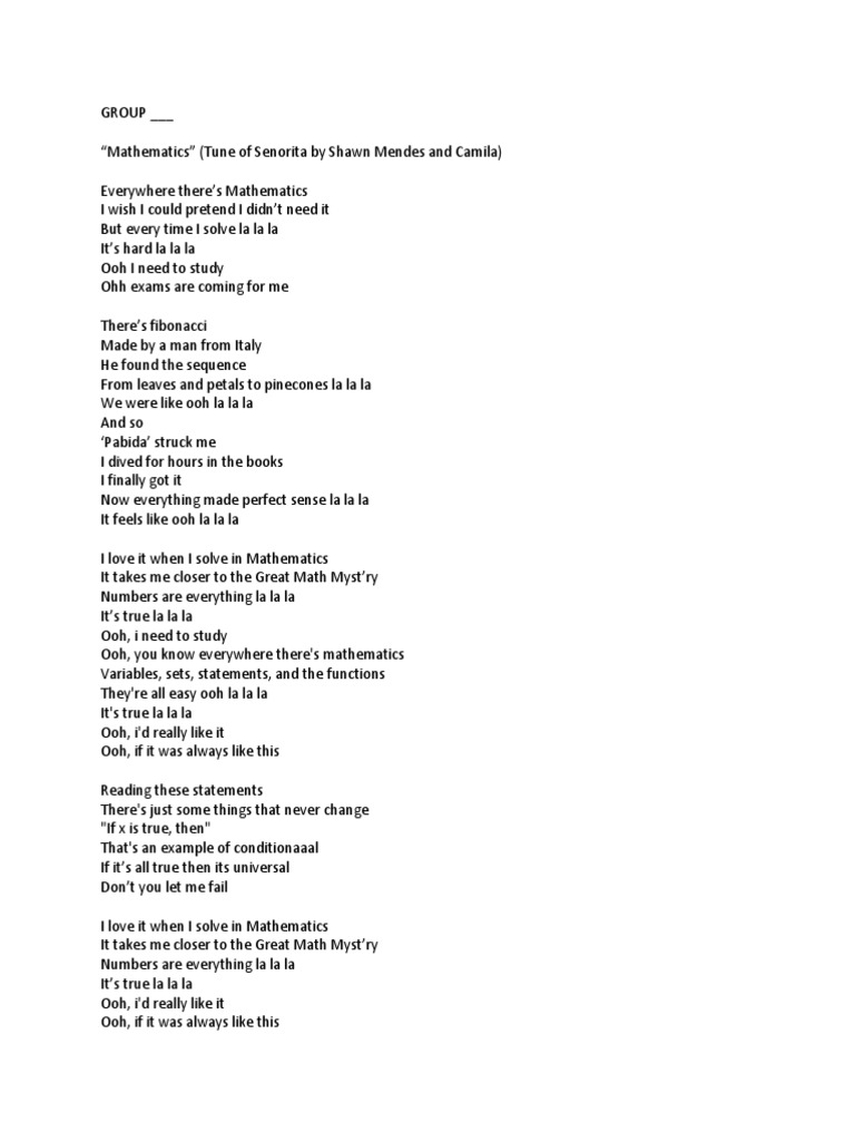 Math Lyrics Print | PDF