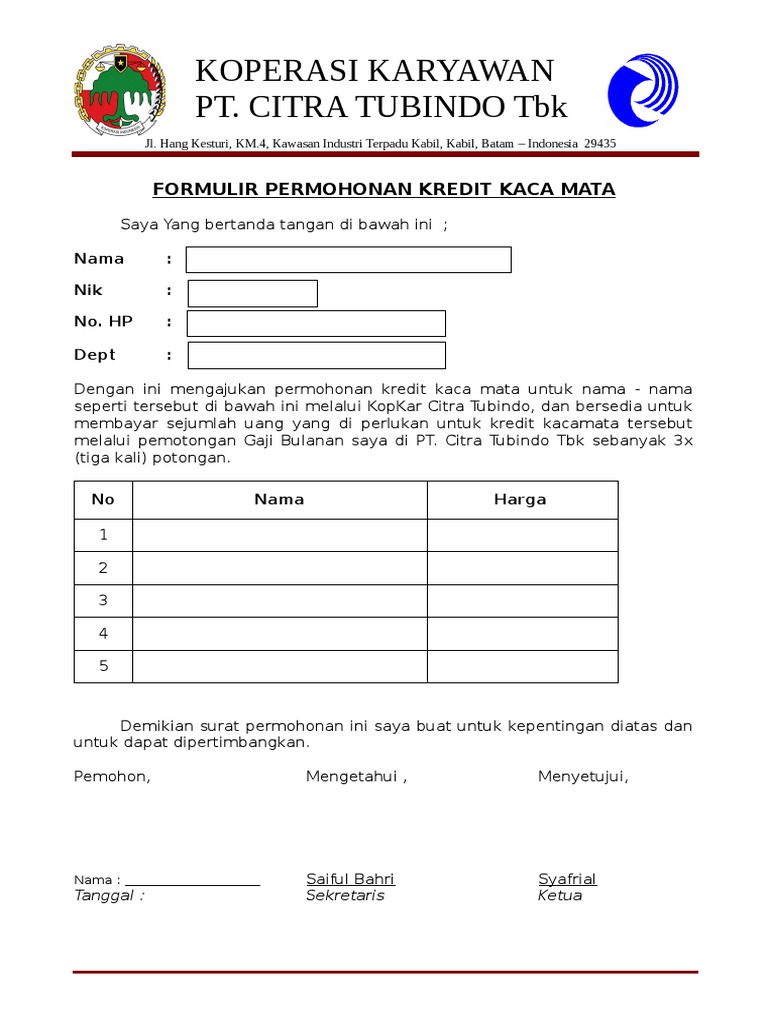 Formulir Kredit Kacamata Koperasi Citra | PDF | Bisnis