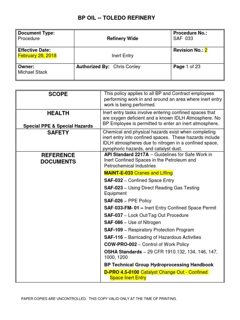 BP Toledo Inert Entry | PDF | Carbon Monoxide | Oxygen