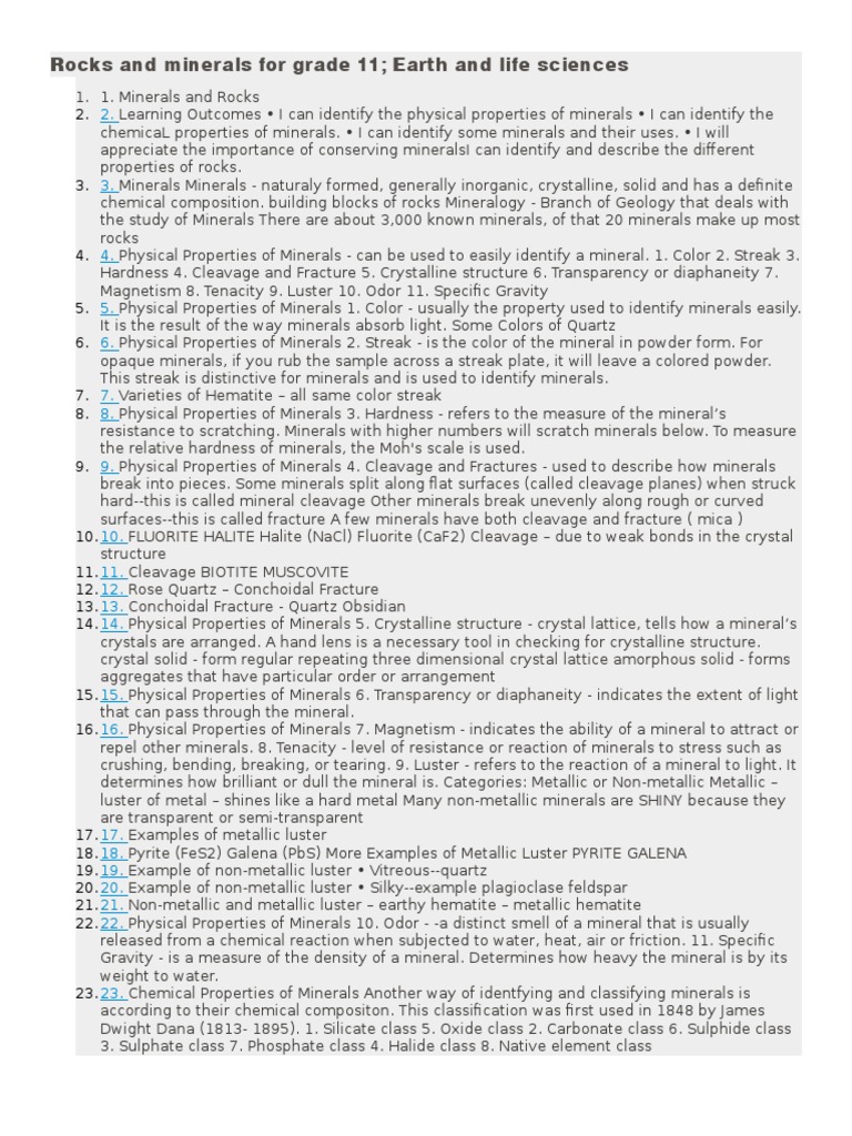 Rocks and Minerals For Grade 11 | PDF | Minerals | Sedimentary Rock