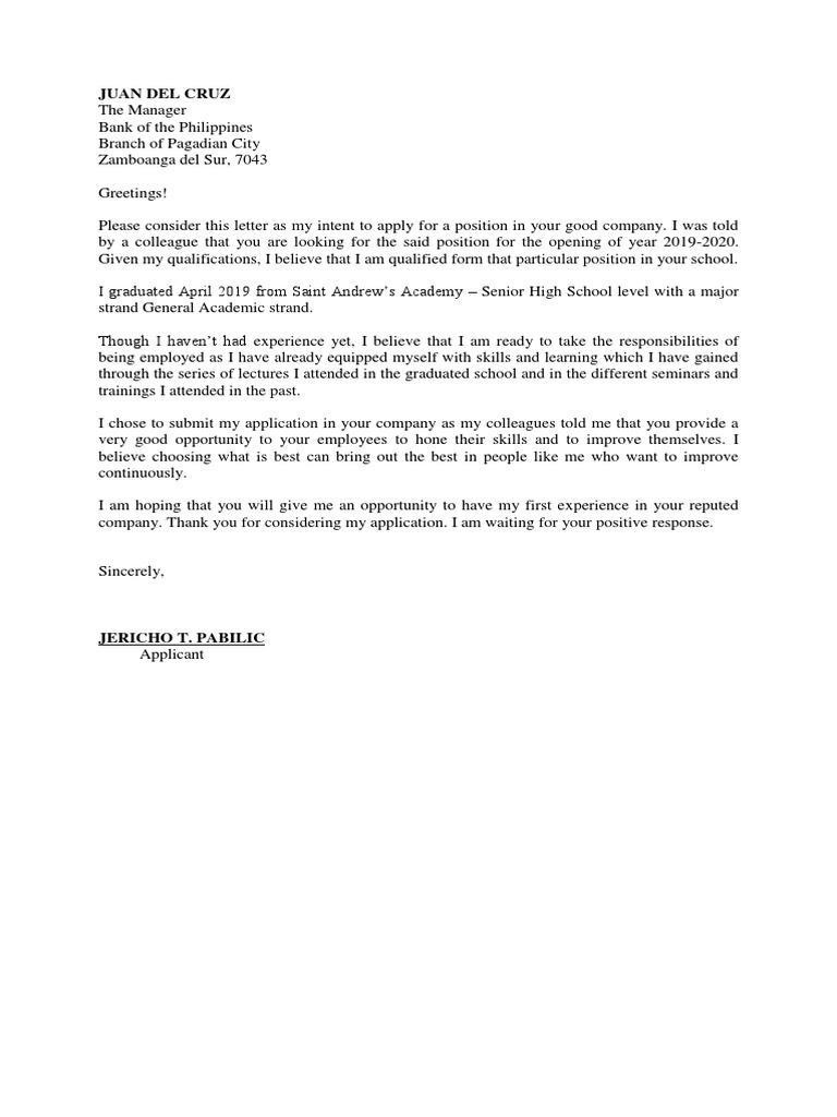 Application Letter - Work Immersion | PDF