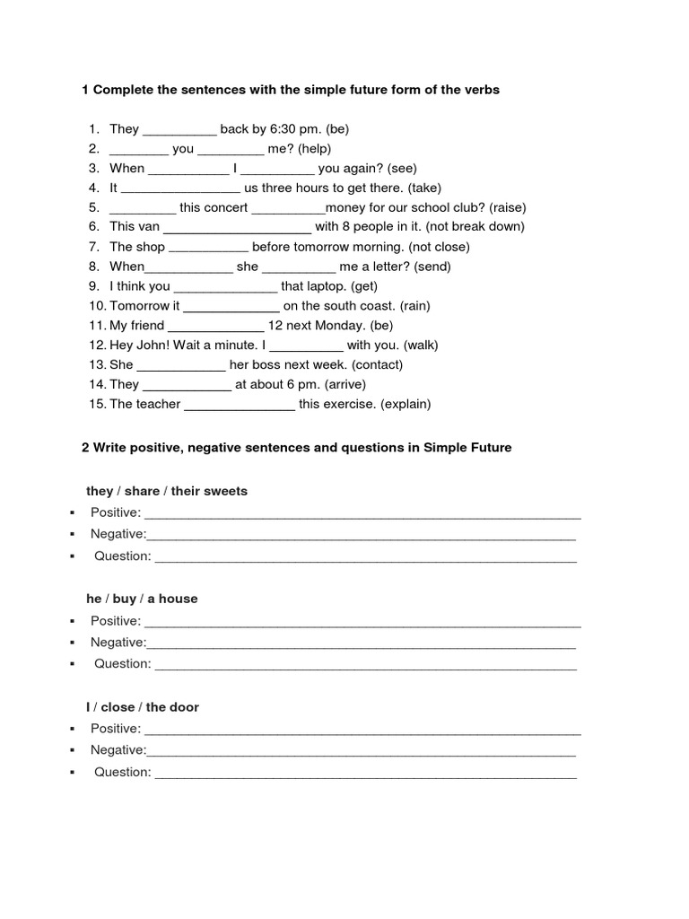 1 Complete The Sentences With The Simple Future Form of The Verbs | PDF ...