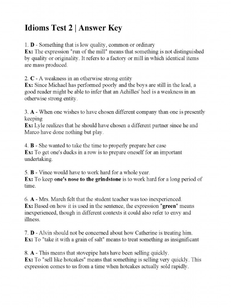 Idiom Test 2 - Answers PDF | PDF