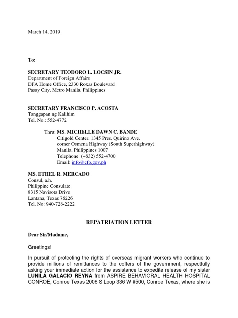 Repartriation Letter | PDF | Philippines