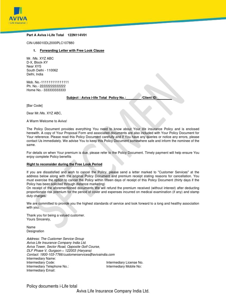 Aviva I-Life Total-Policy Document | PDF | Insurance Policy | Insurance