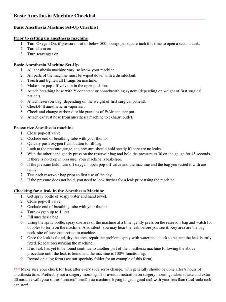Basic Anesthesia Machine Checklist | PDF | Anesthesia | Breathing