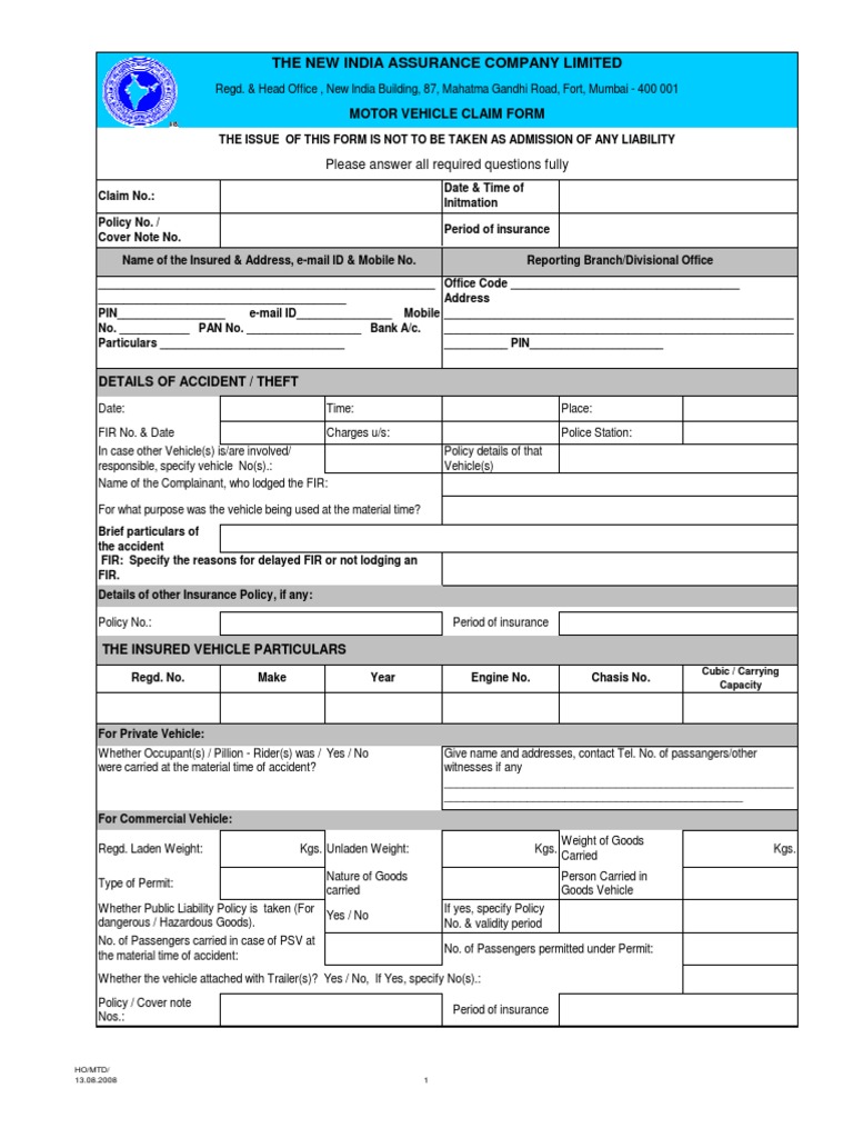 New India Claim Form | PDF | Driver's License | Insurance Policy
