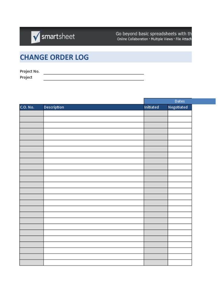 Excel Construction Project Management Template Change Order Log ...