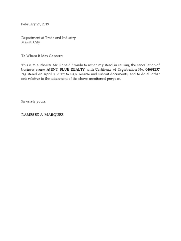 DTI Authorization Letters for Business | PDF | Law