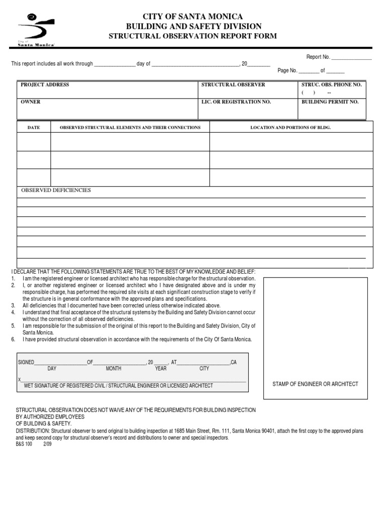 Structural Observation Report Form: City of Santa Monica Building and ...