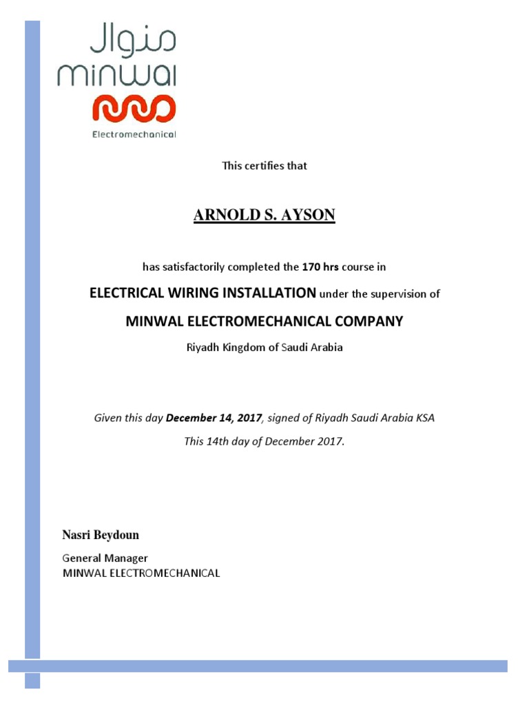 Completion Certificate for Electrical Wiring | PDF | Technology ...