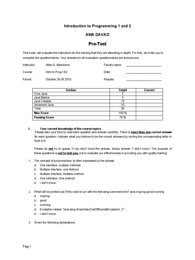Pre Test Introduction To Programming 1 And 2 Ama Davao Pdf Method Computer Programming