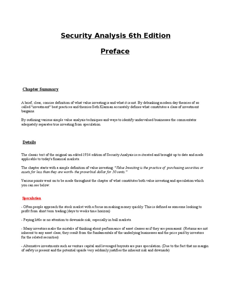 Security Analysis 6th Edition Introduction | PDF | Speculation | Stock ...
