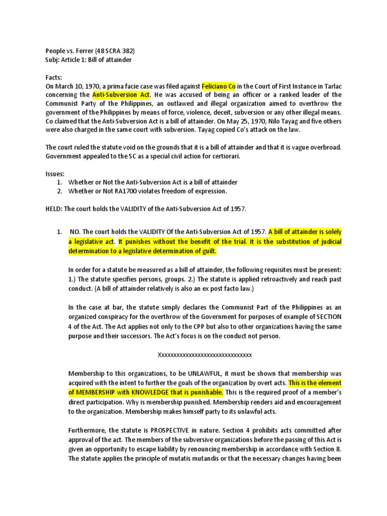 People Vs Ferrer (Bill of Attainder Defined) | PDF | Ex Post Facto Law ...