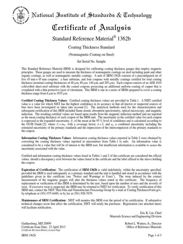 Certificate of Analysis: National Institute of Standards & Technology ...