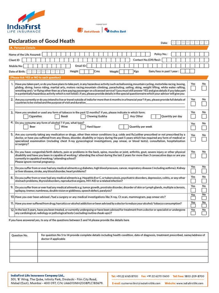 Declaration of Good Heath: Ddmmy YYY | PDF | Life Insurance | Physical ...