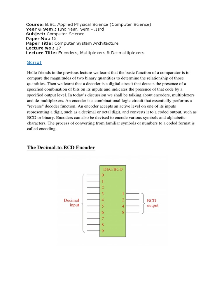 Script: The Decimal-to-BCD Encoder | PDF | Binary Coded Decimal | Electrical Circuits