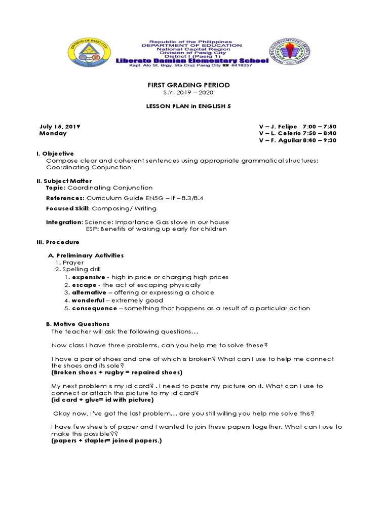 Coordinating Conjunctions Lesson Plan | PDF | Sentence (Linguistics ...