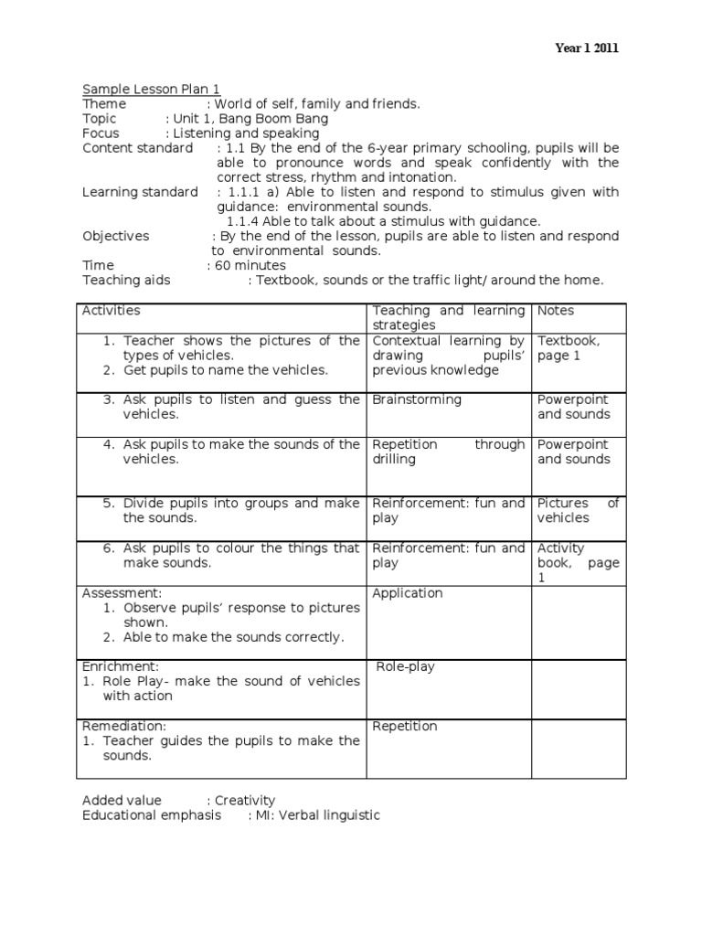 English Lesson Plan Year 1 2011 | PDF