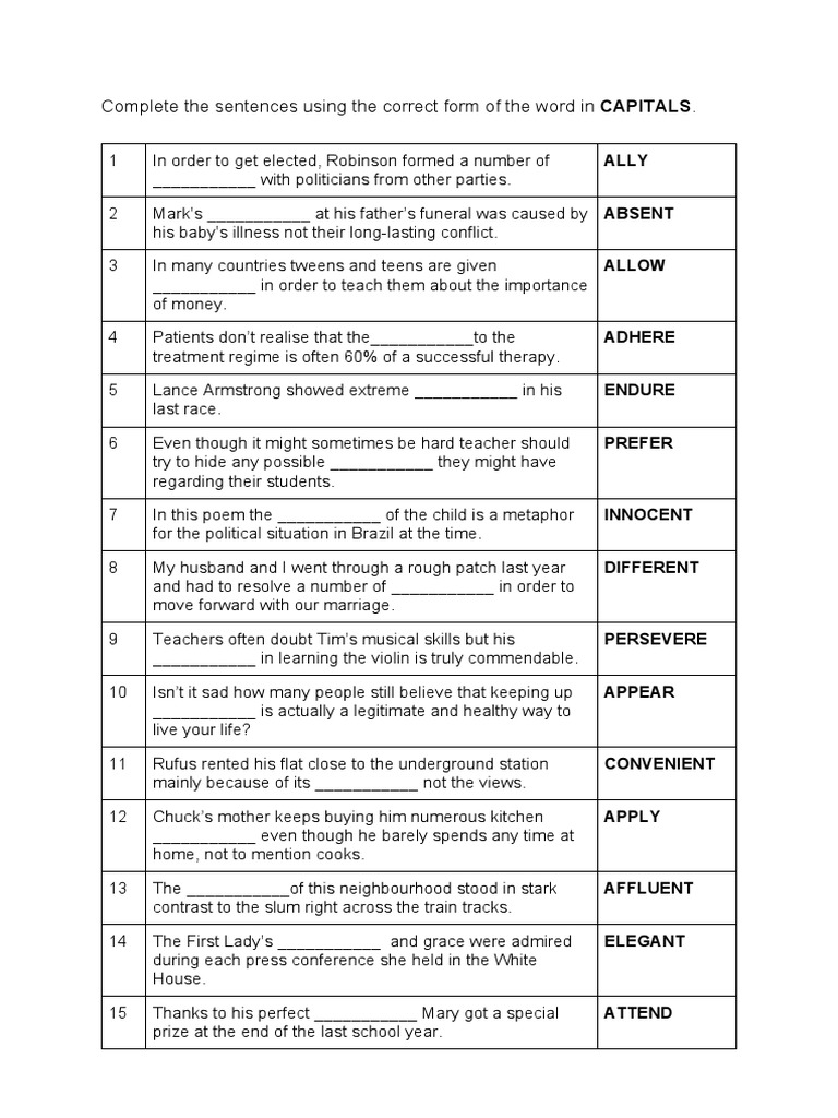 Complete The Sentences Using The Correct Form of The Word in Capitals ...