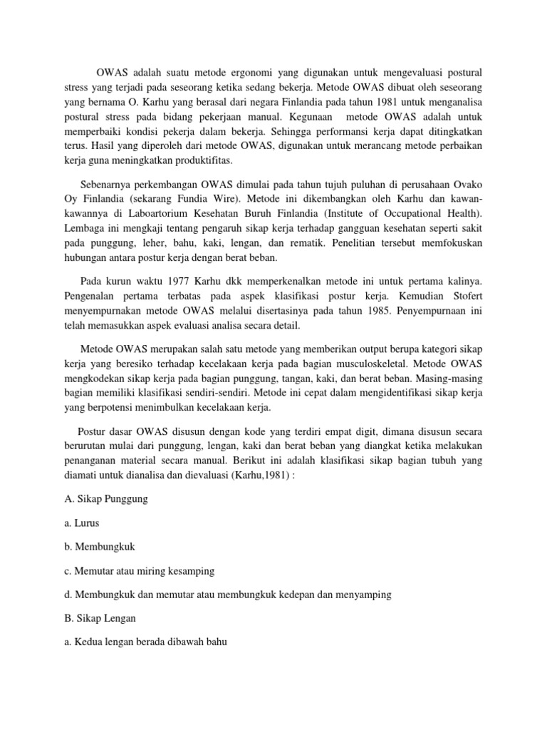 Metode OWAS untuk Evaluasi Postur Kerja | PDF | Kesehatan Holistik