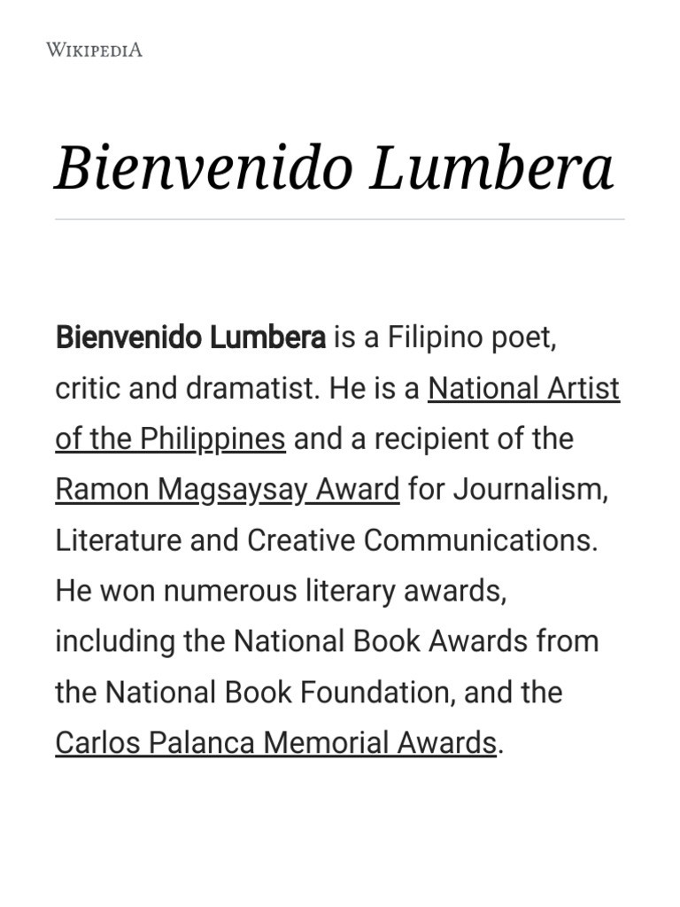 Bienvenido Lumbera: A Literary Legacy | PDF | Philippines
