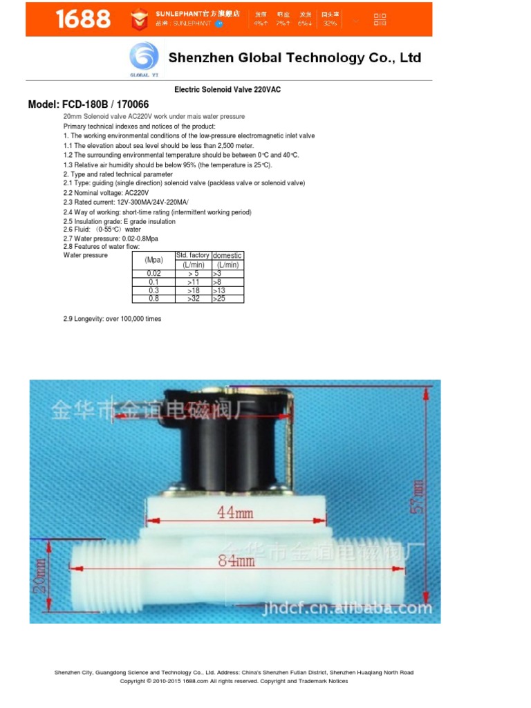 Model: FCD-180B / 170066: Electric Solenoid Valve 220VAC | PDF | Valve ...