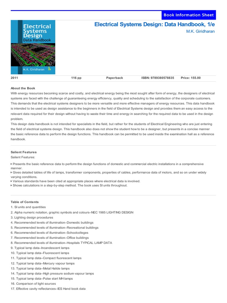 Electrical Systems Design: Data Handbook, 1/e: Book Information Sheet ...