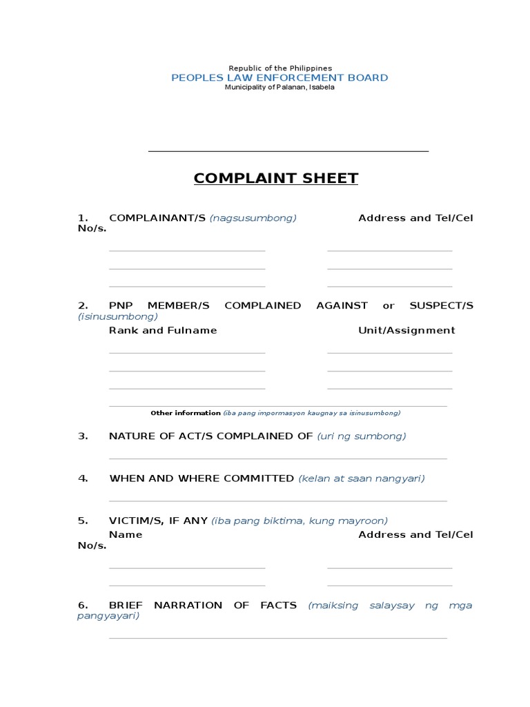 Complaint Sheet: Peoples Law Enforcement Board | PDF | Common Law | Virtue
