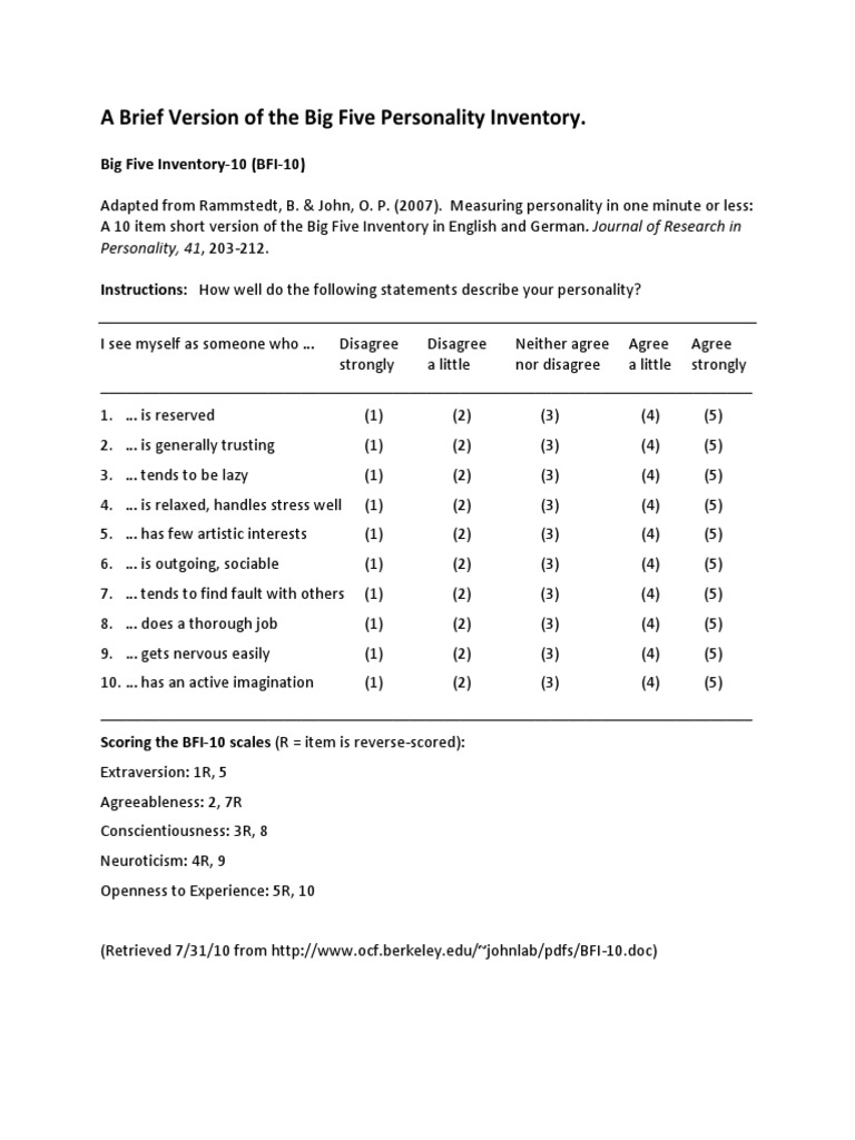 Brief Big Five Personality Inventory | PDF