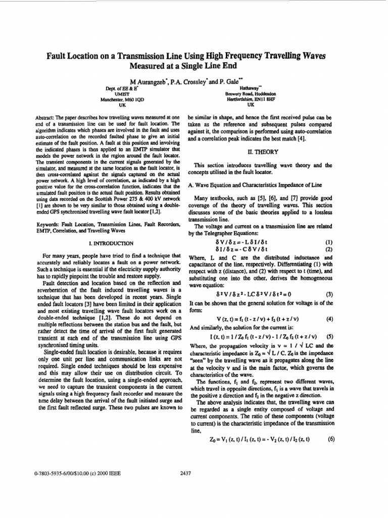 Fault Location On A Transmission Line Using High Frequency Trave ...