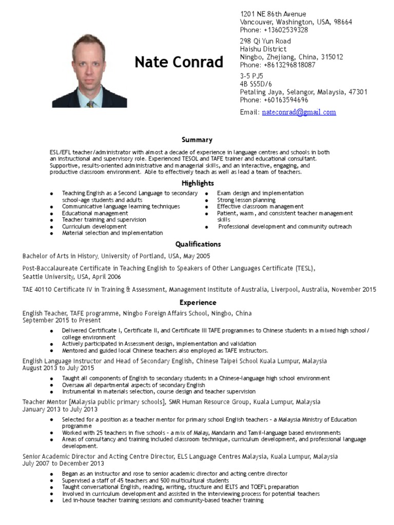 EXTENDED CV - Nate Conrad December 2015 | PDF | English As A Second Or ...