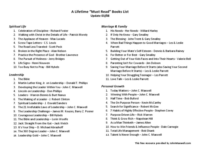 A Lifetime Must Read Book List by John Maxwell | PDF