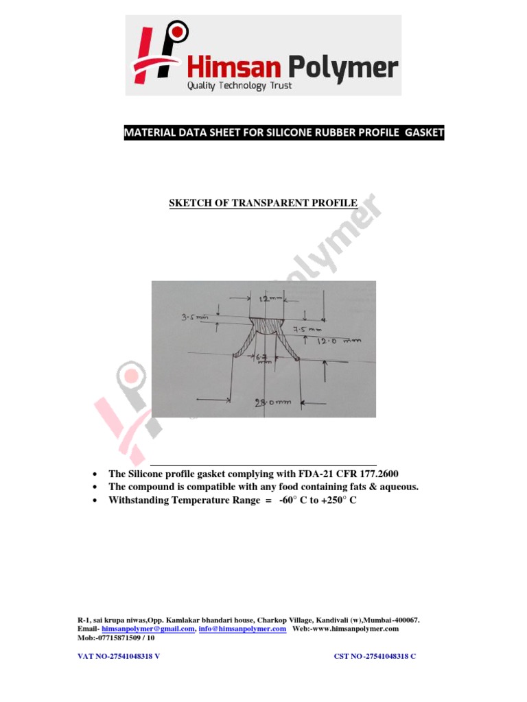 Material Data Sheet For Silicone Rubber Profile Gasket: Sketch of ...