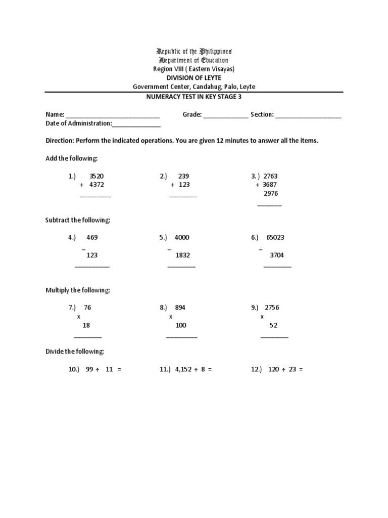 Key Stage 3 Numeracy Test Template | PDF