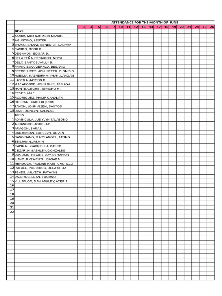June Attendance Register | PDF | Home & Garden