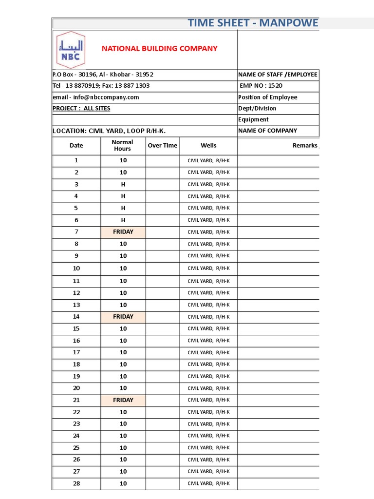 Time Sheet - Manpower: National Building Company | Download Free PDF ...