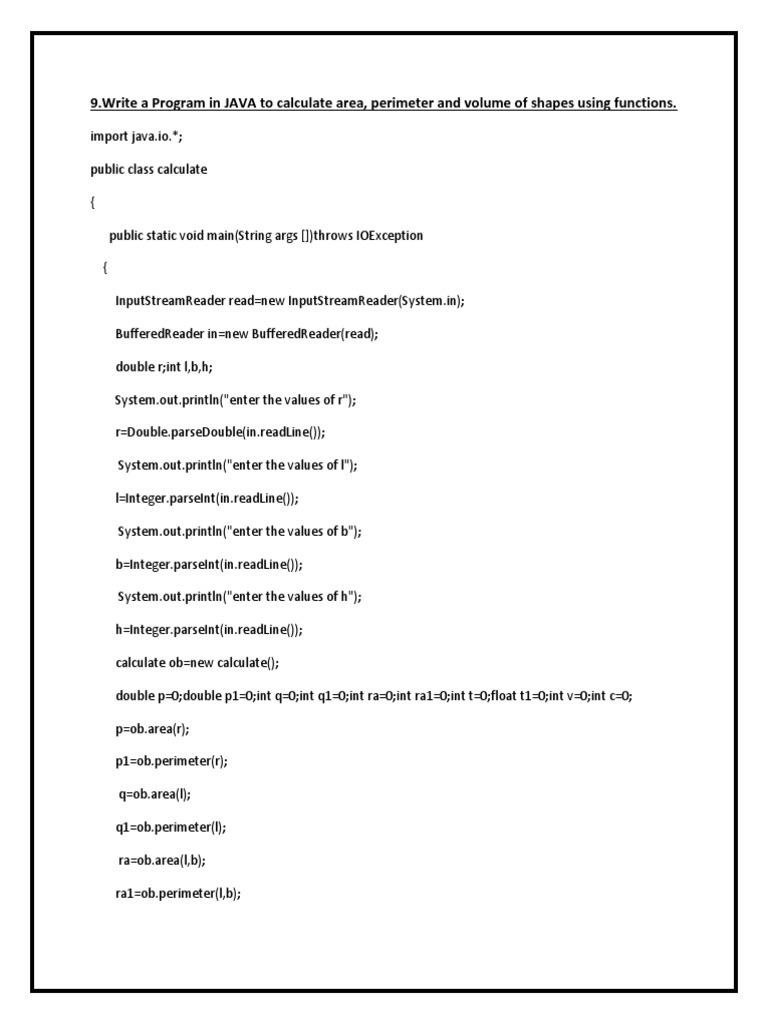 9write A Program In Java To Calculate Area Perimeter And Volume Of Shapes Using Functions