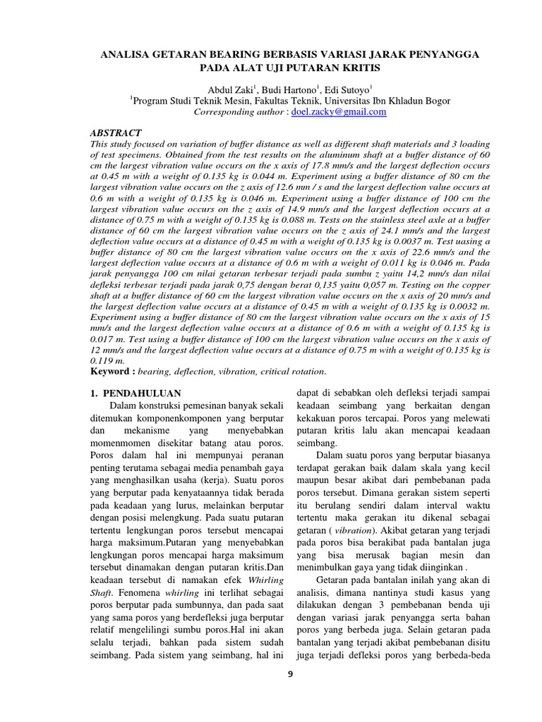 Analisa Getaran Bearing Berbasis Variasi Jarak Penyangga Pada Alat Uji ...