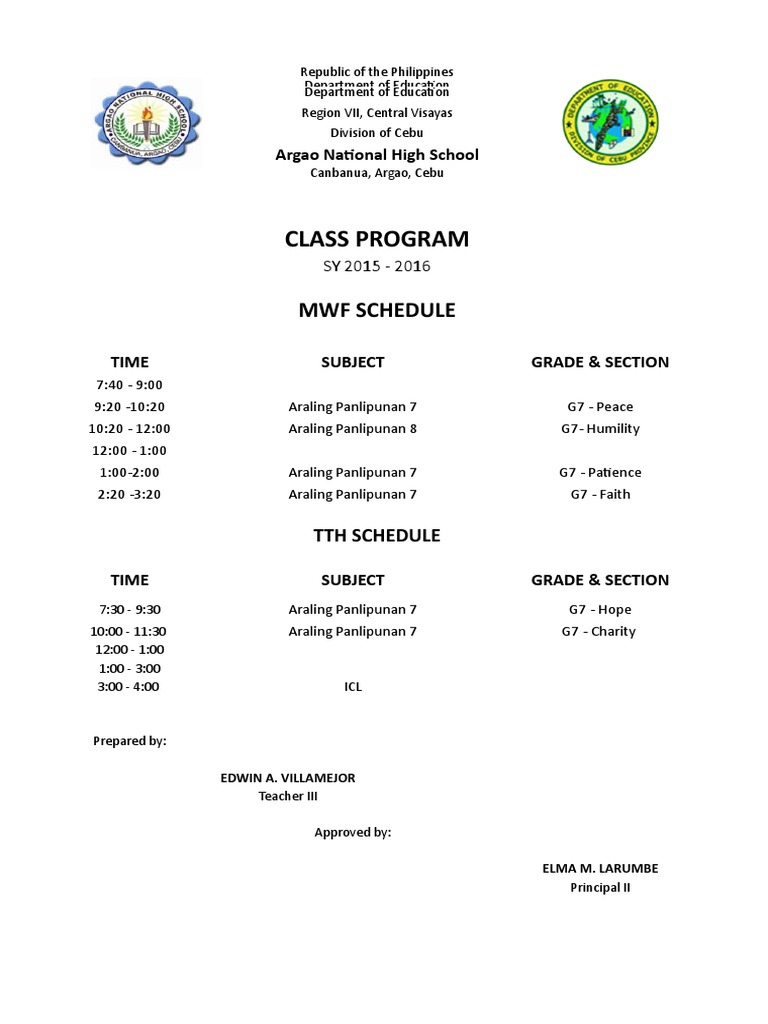 Class Program: MWF Schedule | PDF | Demigods Of Classical Mythology ...