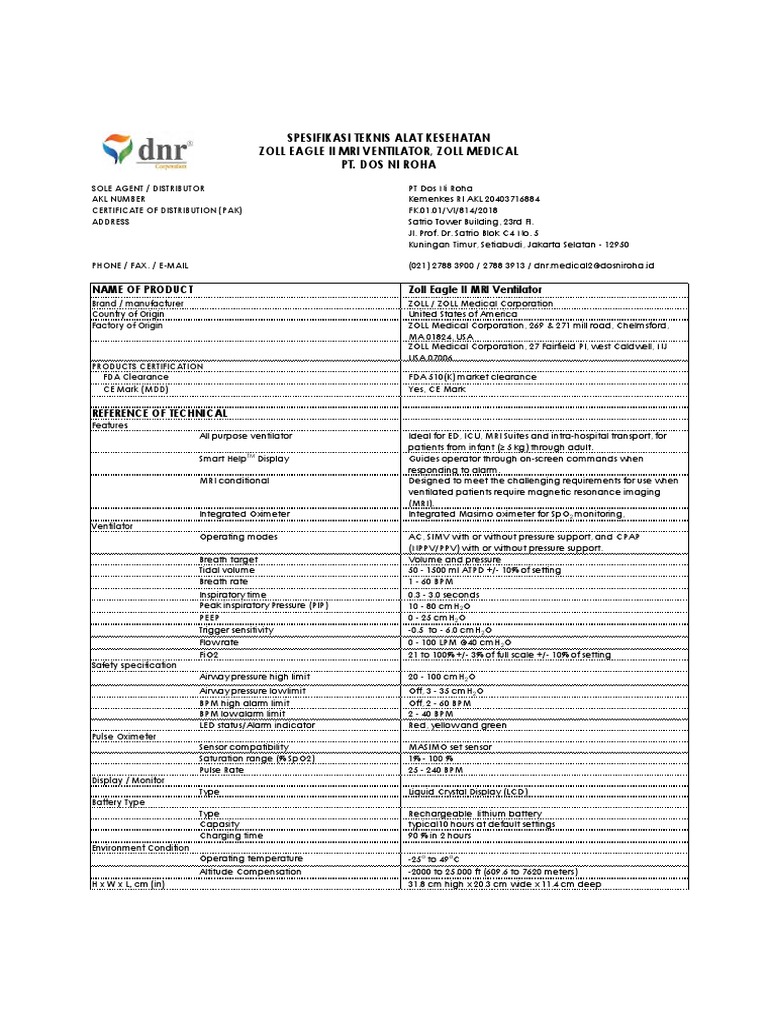 Spesifikasi Teknis Alat Kesehatan Zoll Eagle Ii Mri Ventilator, Zoll ...