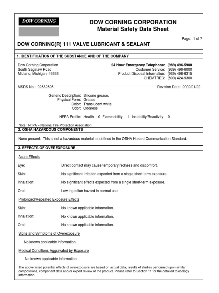 Dow Corning 111 Valve Lubricant SDS | PDF | Personal Protective ...