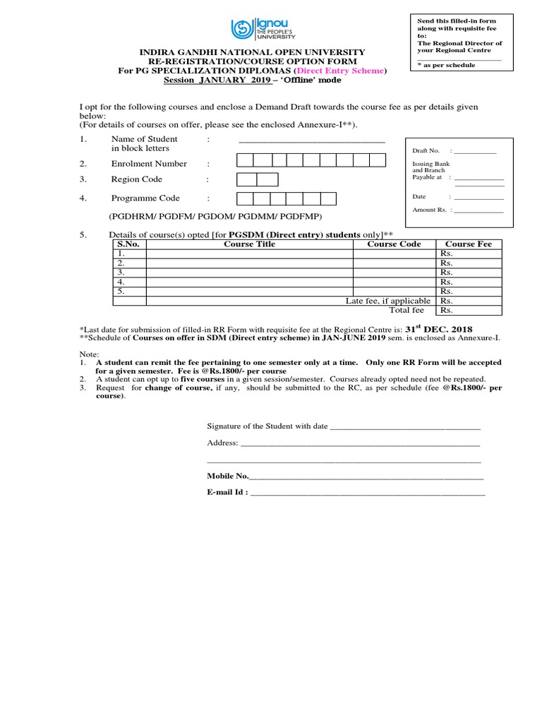 Indira Gandhi National Open University Re-Registration/Course Option ...