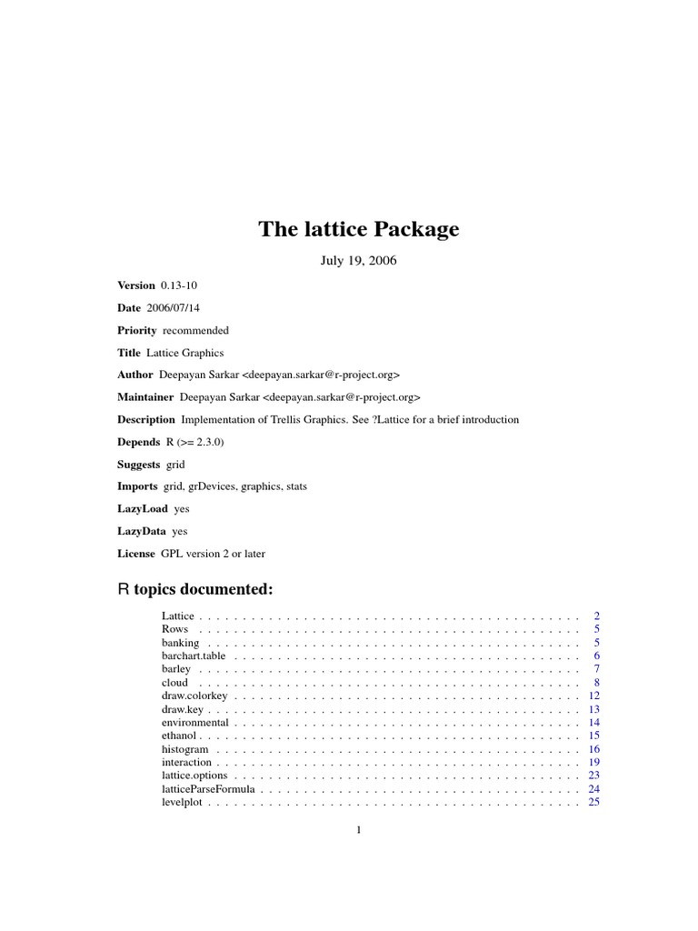 The Lattice Package: R Topics Documented | PDF | Matrix (Mathematics) | Parameter (Computer ...