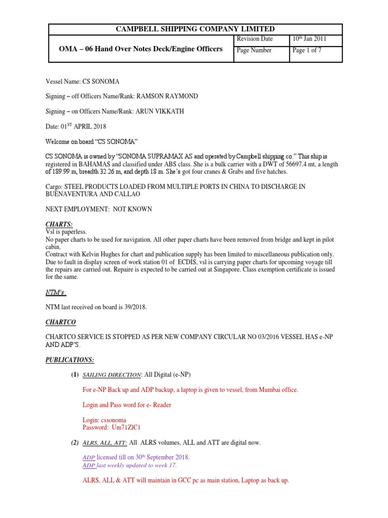 Campbell Shipping Company Limited OMA - 06 Hand Over Notes Deck/Engine ...