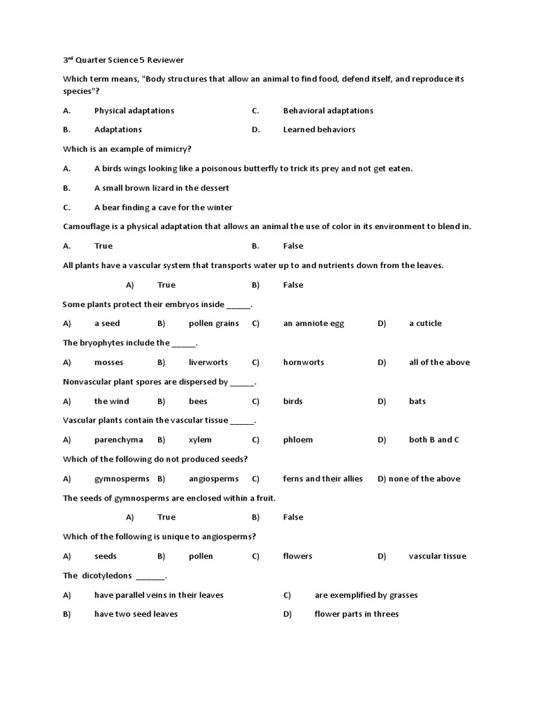 3rd Quarter Science 5 Reviewer | PDF | Chemical Substances | Plants