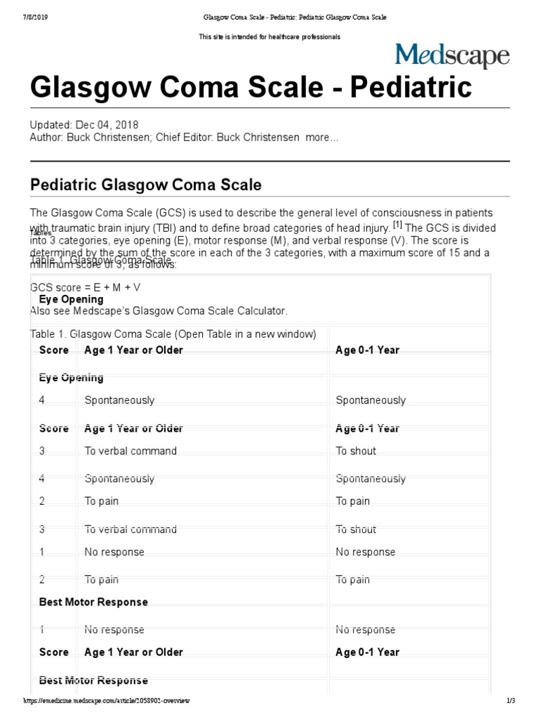 Glasgow Coma Scale - Pediatric - Pediatric Glasgow Coma Scale | PDF ...