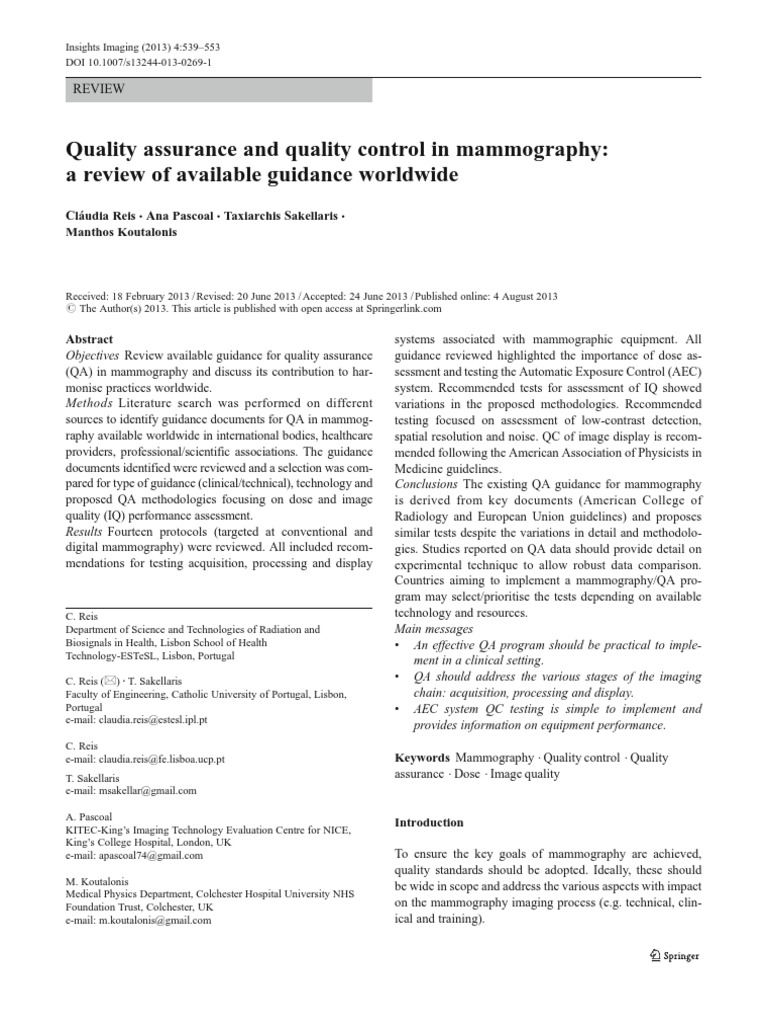 Quality Assurance and Quality Control in Mammography: A Review of ...