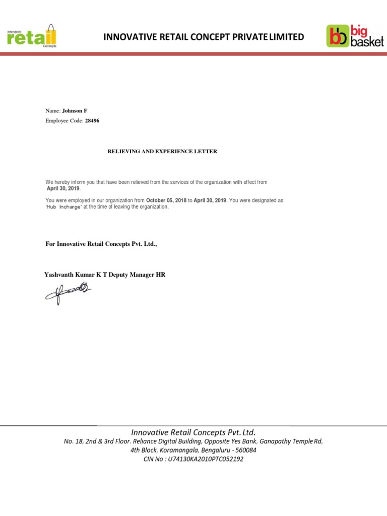 Relieving and Experience Letter for Johnson F, Former Hub Incharge at ...