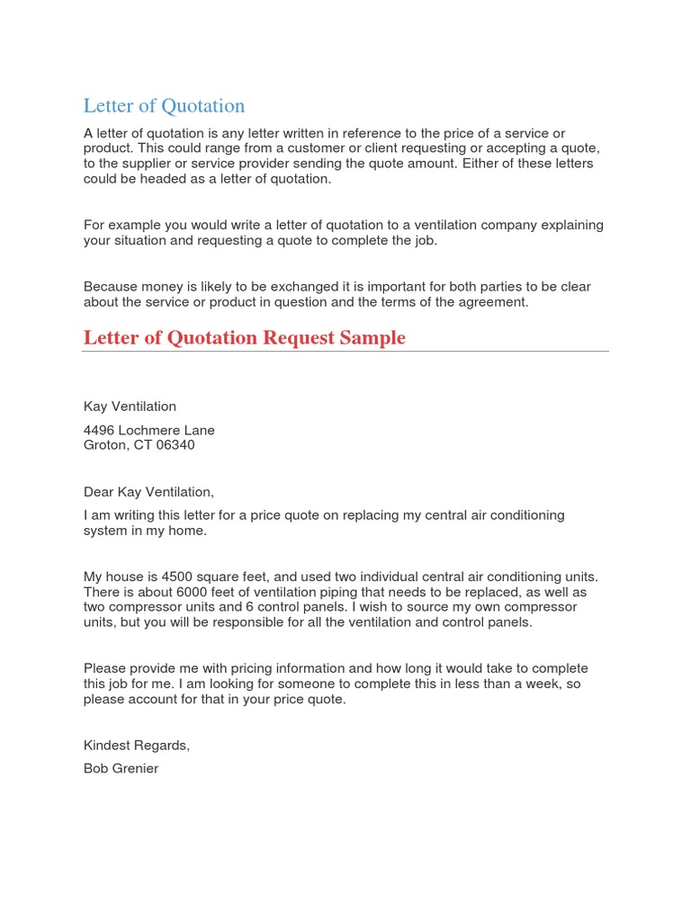 Quotation Sample Letter To Customer